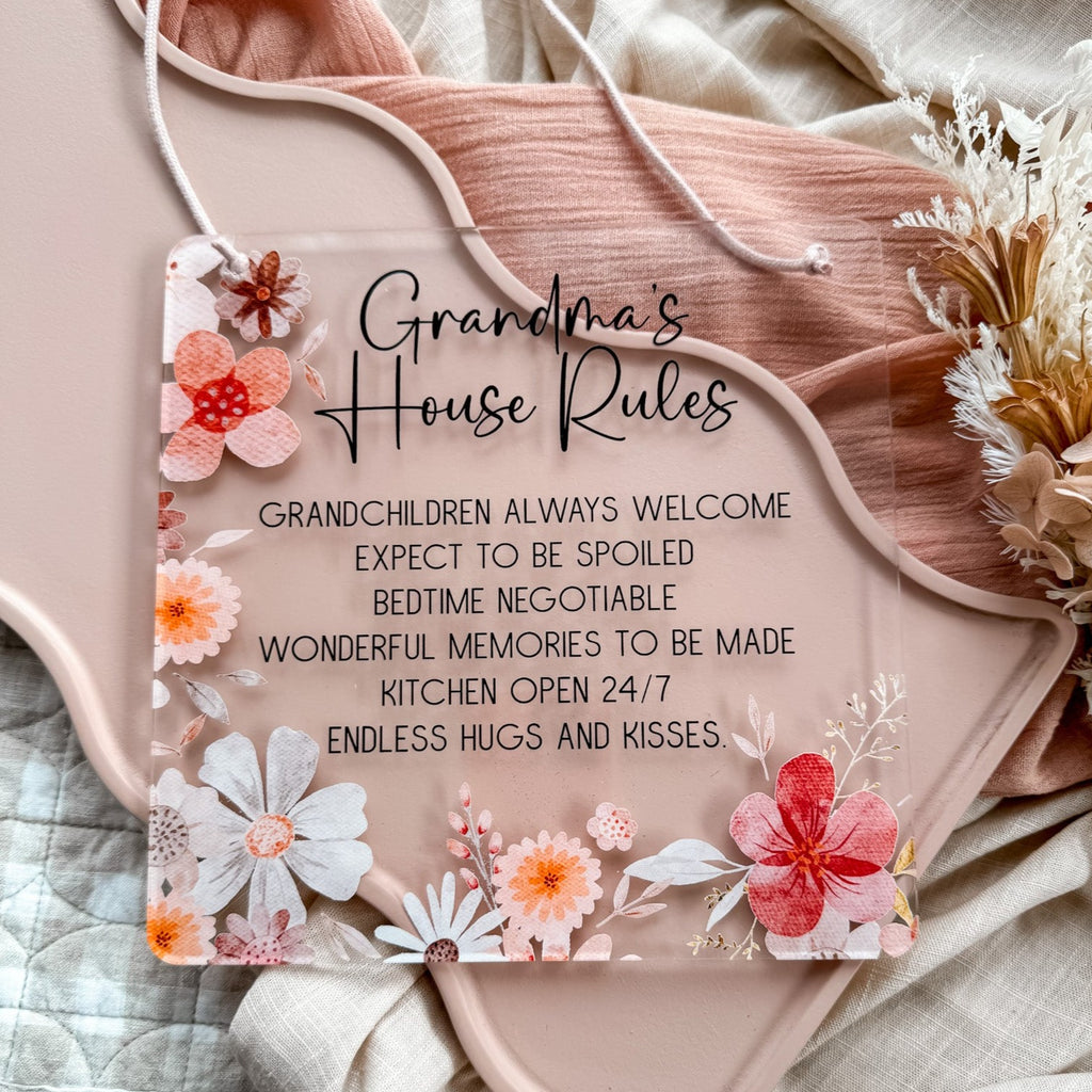 Wooden Floral Grandmas House Rules Plaque - Elkwood Designs